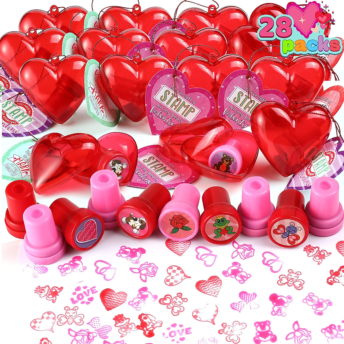 28 Pcs Kids Valentines Day Stampers Set Filled Hearts and Valentine’s Day Cards for Classroom Exchange, Kids Stampers Party Favors for Gift Exchange, Game Prizes and Carnivals Gift