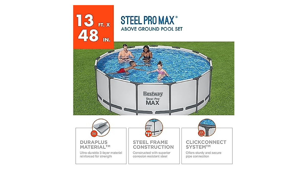 Bestway Steel Pro MAX 13 Foot x 48 Inch Round Metal Frame Above Ground Outdoor Swimming Pool Set ...