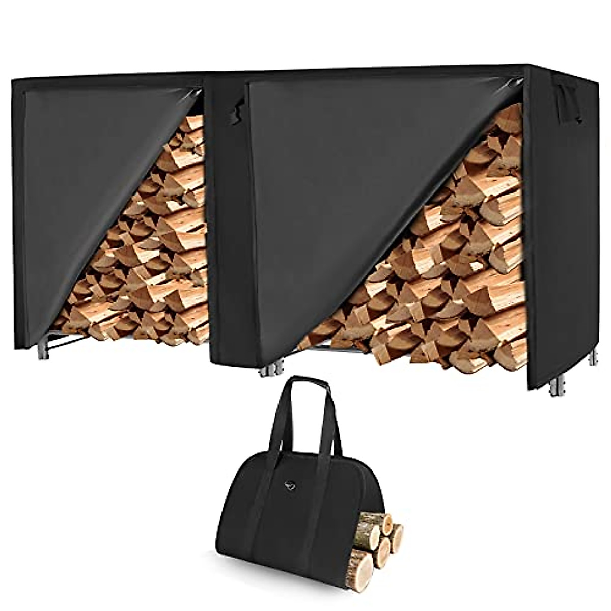 MAYOLIAH 8 Ft Outdoor Indoor Firewood Log Rack with Cover and Tote Bag Combo, Waterproof Wood Storage for Fire Wood Stand Heavy Duty Log Holders for Inside Fireplace, Black