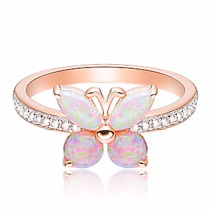 MORGAN & PAIGE 14K Rose Gold Butterfly Ring - Plated .925 Sterling Silver Pink Opal Butterfly Ring For Women - Lab Created Sapphire Ring With Eye Motif Centerpiece - Size 7