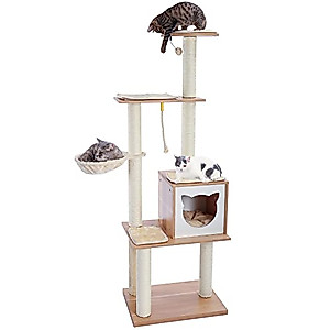 Made4Pets Cat Tree Cat Tower for Indoor Cats 65.6 Inches Modern Wood Cat Condo with Scratching Post for Large Cats Climbing, Multi-Level Tall Cat Tower Tree House with Hammock for Kitten Play and Rest