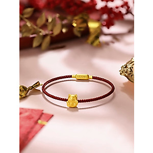 ZHOU LIU FU 24K Solid Gold Bracelet Real Gold Lucky Cat Charm Bracelet Yellow Gold Jewelry Fortune Cat Charm Bracelet for Women Red Bracelets (24K Solid Gold, 17cm /6.69 inch)