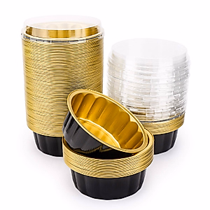 Beasea Disposable Ramekins with Lids, 8 oz 50 Pack Black Gold Aluminum Foil Cups, Disposable Creme Brulee Muffin Cupcake Baking Cup Mini Pudding Cups for Party Wedding Birthday