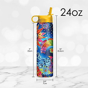 RainCaper 18/8 Stainless Steel Insulated Water Tumbler with Straw | 24oz, BPA-Free, Double Wall for Hot & Cold | Travel-Friendly, Cup Holder Ready (Laurel Burch Celestial Magic)