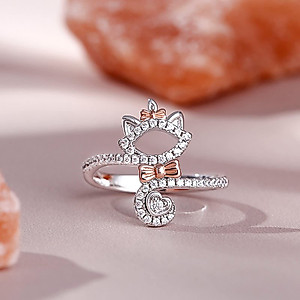 Jeulia Diamond Wedding Ring for Women: Sterling Silver Pear Cut Cute Cat Wrap Ring Lovely Cat Tail Engagement Anniversary Christmas Birthday Jewelry with Gift Box