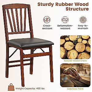 Giantex Folding Dining Chairs Set of 2, Foldable Wood Kitchen Chairs with Padded Seat, Solid Wood Frame, Max Load 400 Lbs, No Assembly Easy to Store Wooden Dining Chairs for Apartment, Small Space