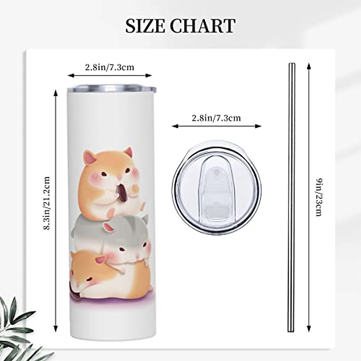 VunKo Cute Hamster Hamsters Stainless Steel Slim Insulated Water Bottles Tumbler with Lid and Straw, Leak Proof Simple Modern Water Bottles for Kids Girls Boys Men Women