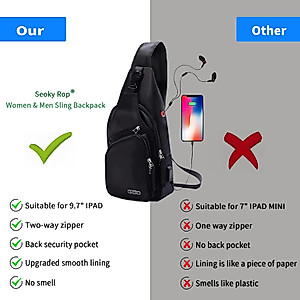 Men Sling Backpack Nylon Water Resistant Shoulder Chest Crossbody Sling Bag with USB Charging Port Black