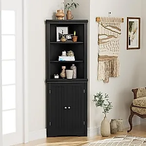 YESHOMY Corner Cabinet Shelves Side Freestanding Storage Organizer with Large Space and Two Doors, Home Furniture for Multifunction in Living Room, Bathroom, Hallway, Kitchen, Bedroom, Black