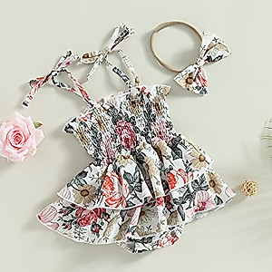 Baby Girl Romper Summer Dress Cotton Linen Camisole Bodysuits Headband Sleeveless Print Jumpsuit Clothes 2PCS Set (Red Green, 3-6 Months)