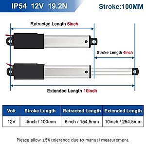 JQDML 4 Inch 4" Stroke 4.3lbs/19.2N Micro Linear Actuator 12V Speed 2"/sec with Mounting Brackets,for Robotics, Home Automation