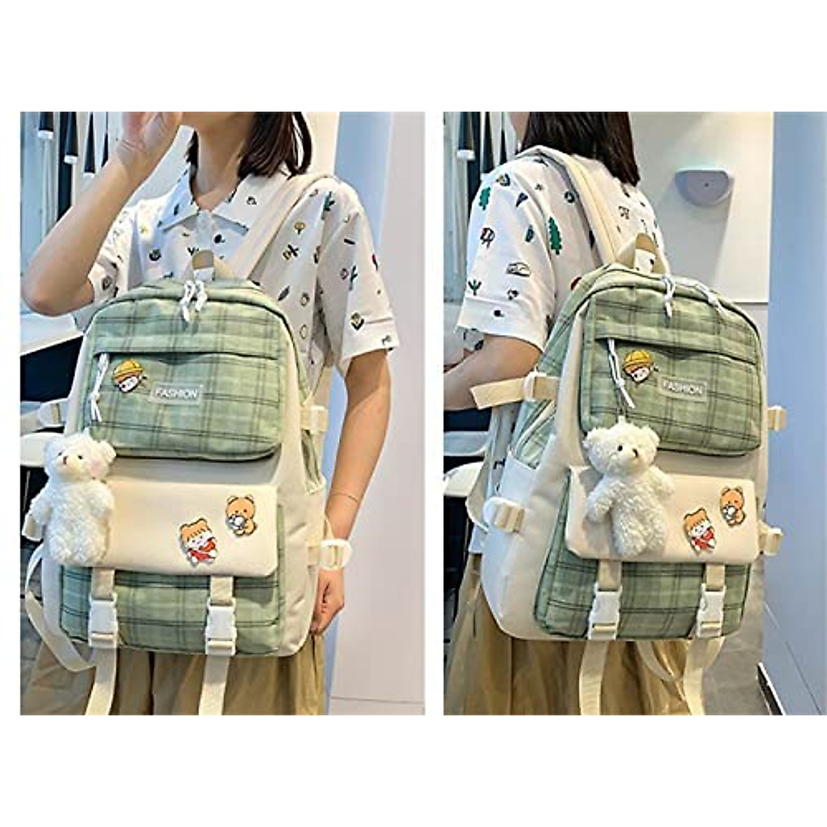 SAMAHBOE Kawaii Backpack set 5 Pcs School Backpack Cute Aesthetic Backpack Set Aesthetic School Bags Cute Bookbag with Badge& Plush Pendan,Shoulder Bag,Pencil Box,Tote Bag,Small Bag