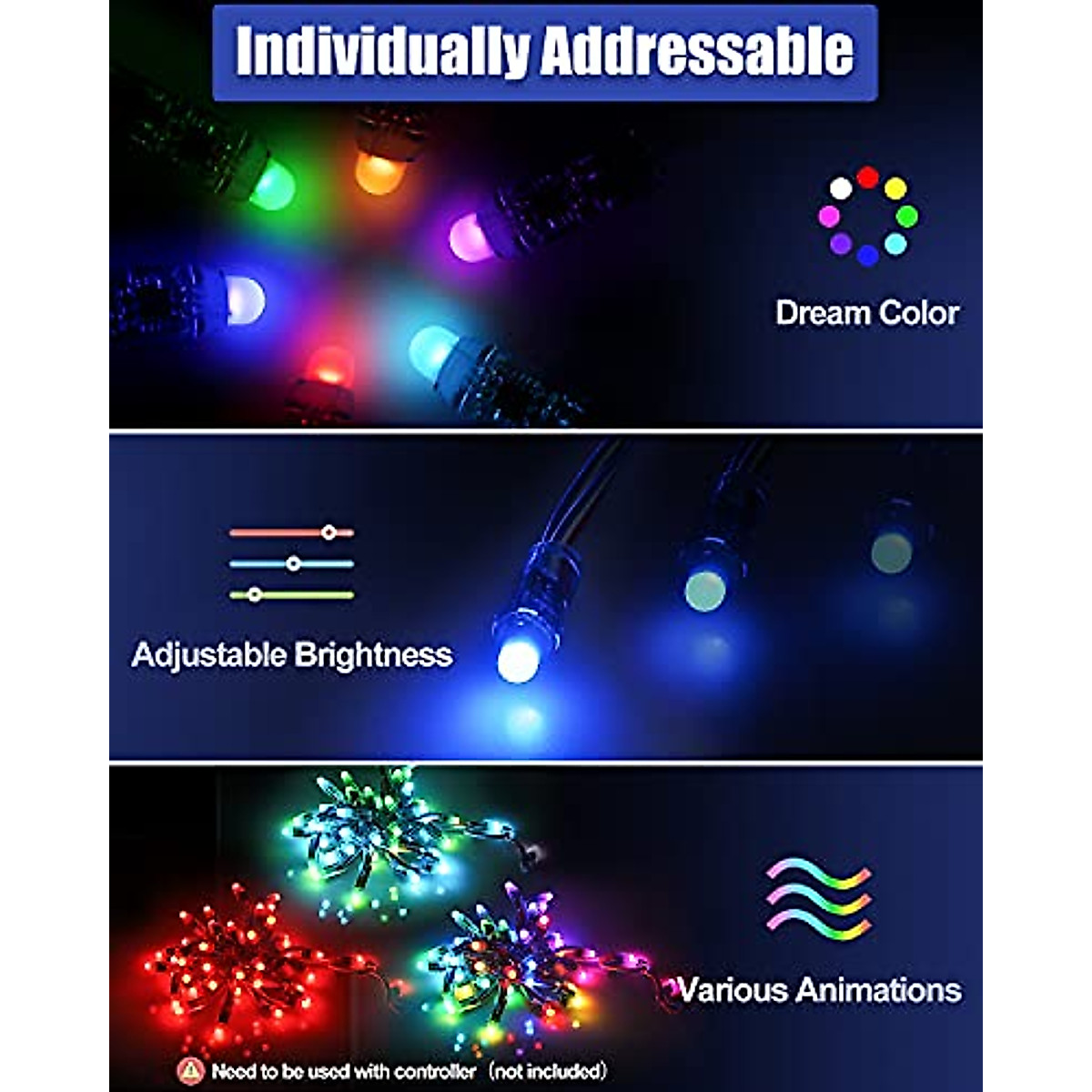 GMJYC DC 5V 50pcs WS2811 Pixels Christmas Lights Outdoor Individually Addressable IP68 Waterproof LED String Lights Diffused Digital RGB LED Lights Full Color 12mm, for Garden/Party/Advertising Signs