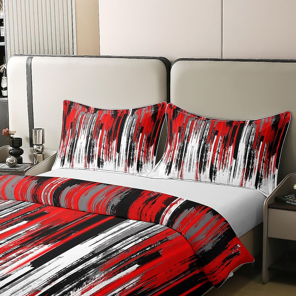 Feelyou Red White Black Bedding Duvet Cover 100% Cotton Set Stripes Reversible Bedding Set Geometric Comforter Cover Set for Room Decor Modern Abstract Art Bedspread Cover Twin Size With 1 Pillow Case