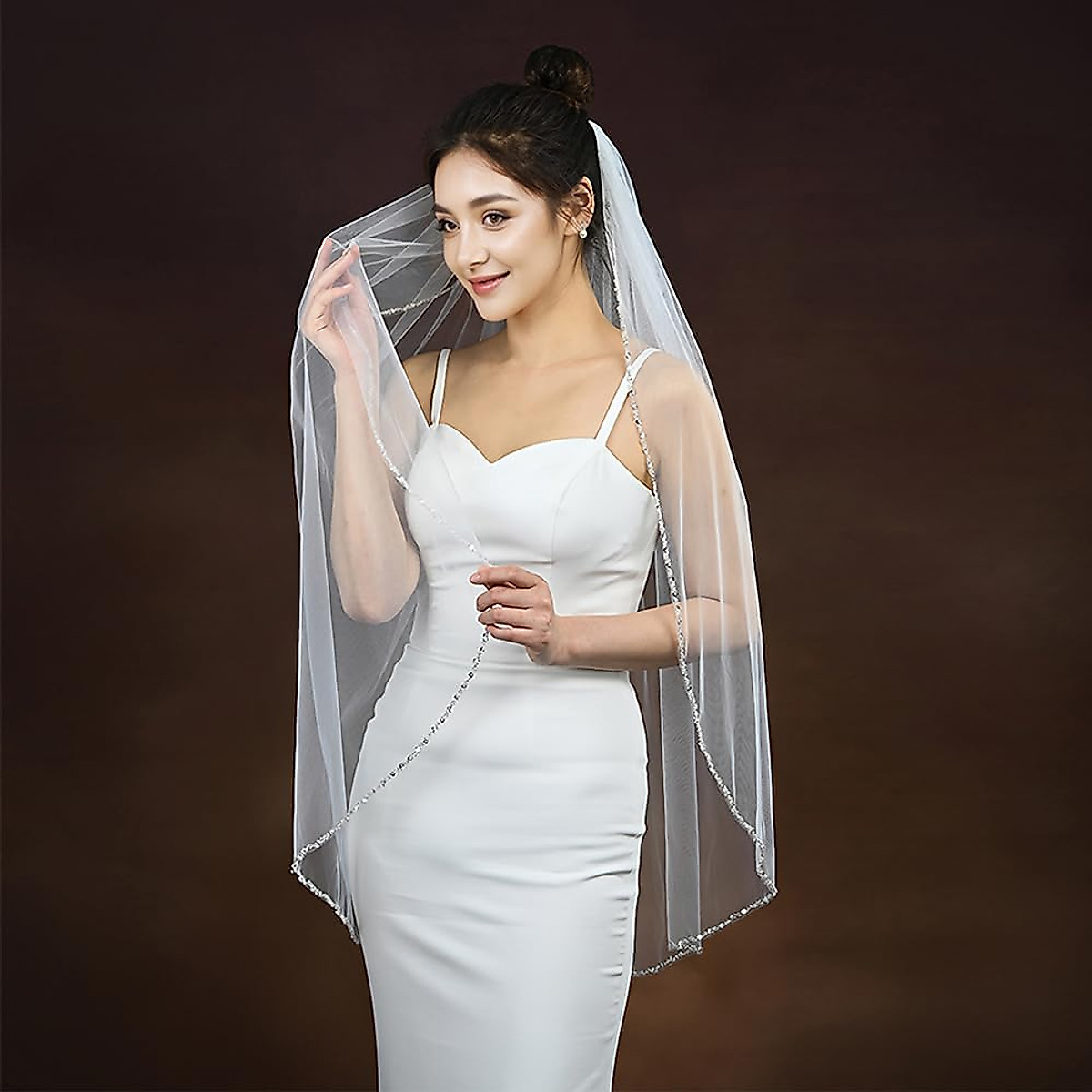 HONGMEI Wedding Veil for Brides 1 Tier Crystal Beaded Fingertip Length Bridal Veil with Comb