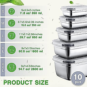 Nuanchu 10 Pcs Stainless Steel Food Storage Containers with Lids Metal Meal Prep Containers Rectangular Bento Lunch Box Set Leak Proof Airtight for Adults Dishwasher Microwave Refrigerator (Dark Gray)
