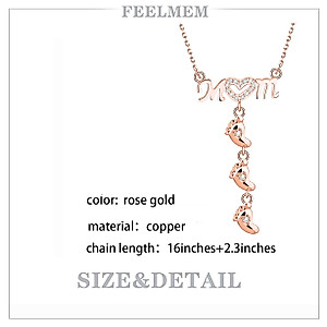 FEELMEM Pregnant Mom to Be Gift New Mom Gift 1 2 3 Baby Feet Footprint Charm Mom Heart Symbol Necklace Gift for New Mother Mommy To Be (foot-Rose gold-3)