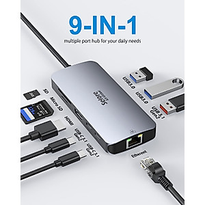 USB C Adapters for MacBook Pro/Air, Selore 9 in 1 USB C Hub with 4K HDMI, 2 * 10Gbps USB-C 3.1 GEN2 Port, 1Gbps Ethernet, USB 3.1 10Gbps Data Ports, 2*USB 3.0 dongle for Dell, HP and More
