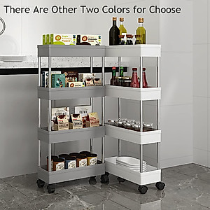 Slim Storage Cart Shelf Removable 4-Tier Rolling Trolley Storage Organizer Carts Rack with 4 Storage Baskets and Wheels for Kitchen Living Room Bathroom Bedroom Narrow Places