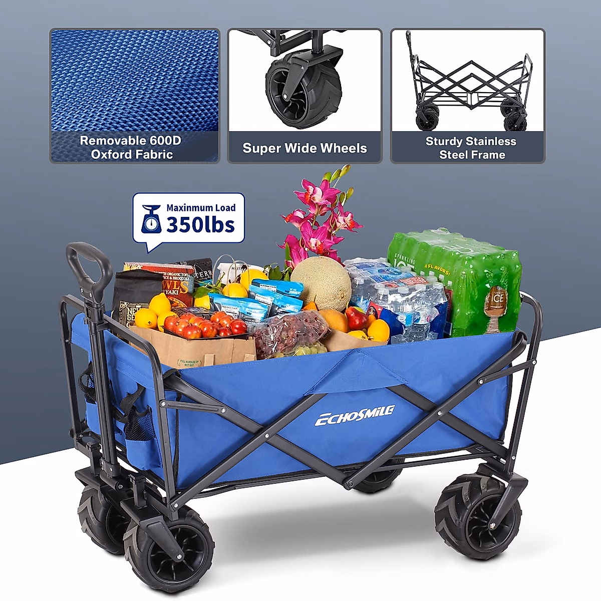 EchoSmile Heavy Duty 350 Lbs Capacity Collapsible Wagon, Outdoor Folding Camping Beach Wagons, Grocery Portable Utility Cart, Adjustable Rolling Carts, All Terrain Sports Wagon with Big Wheels