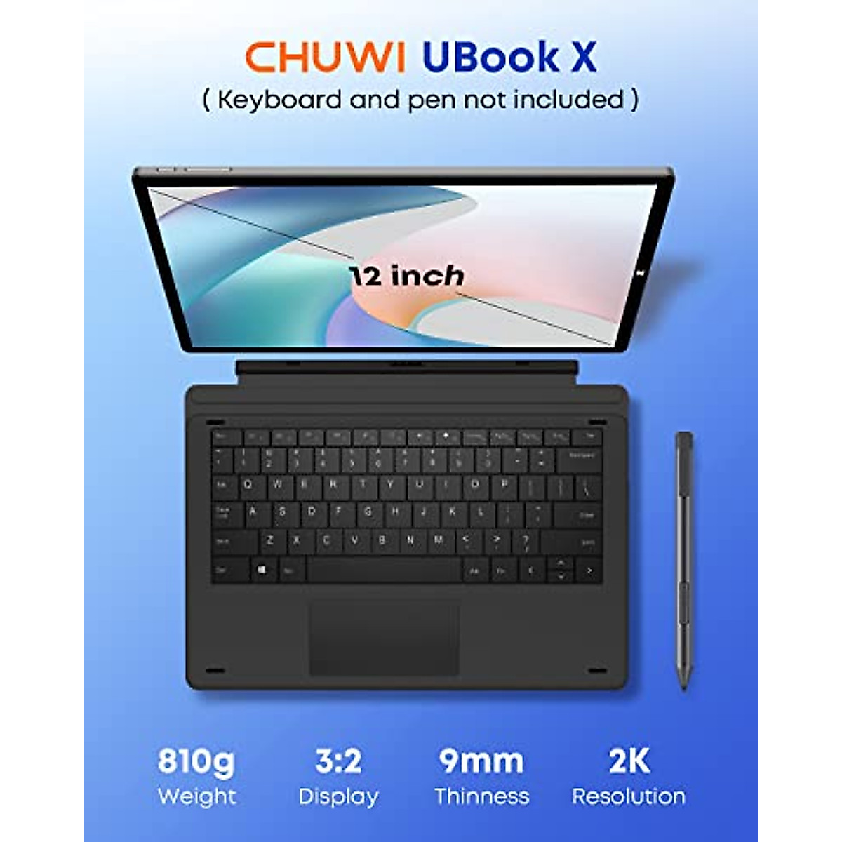 2023 CHUWI UBook X Tablet, 12'' Touchscreen, Windows 11 Tablet, 8GB RAM 256GB ROM, 1TB SSD Expend, Intel N4120 (Up to 2.6 GHz), 2160x1440 IPS, 2.4G/5G WiFi, Dual Camera, 5000mAh, HDMI, USB 3.0, BT 5.0