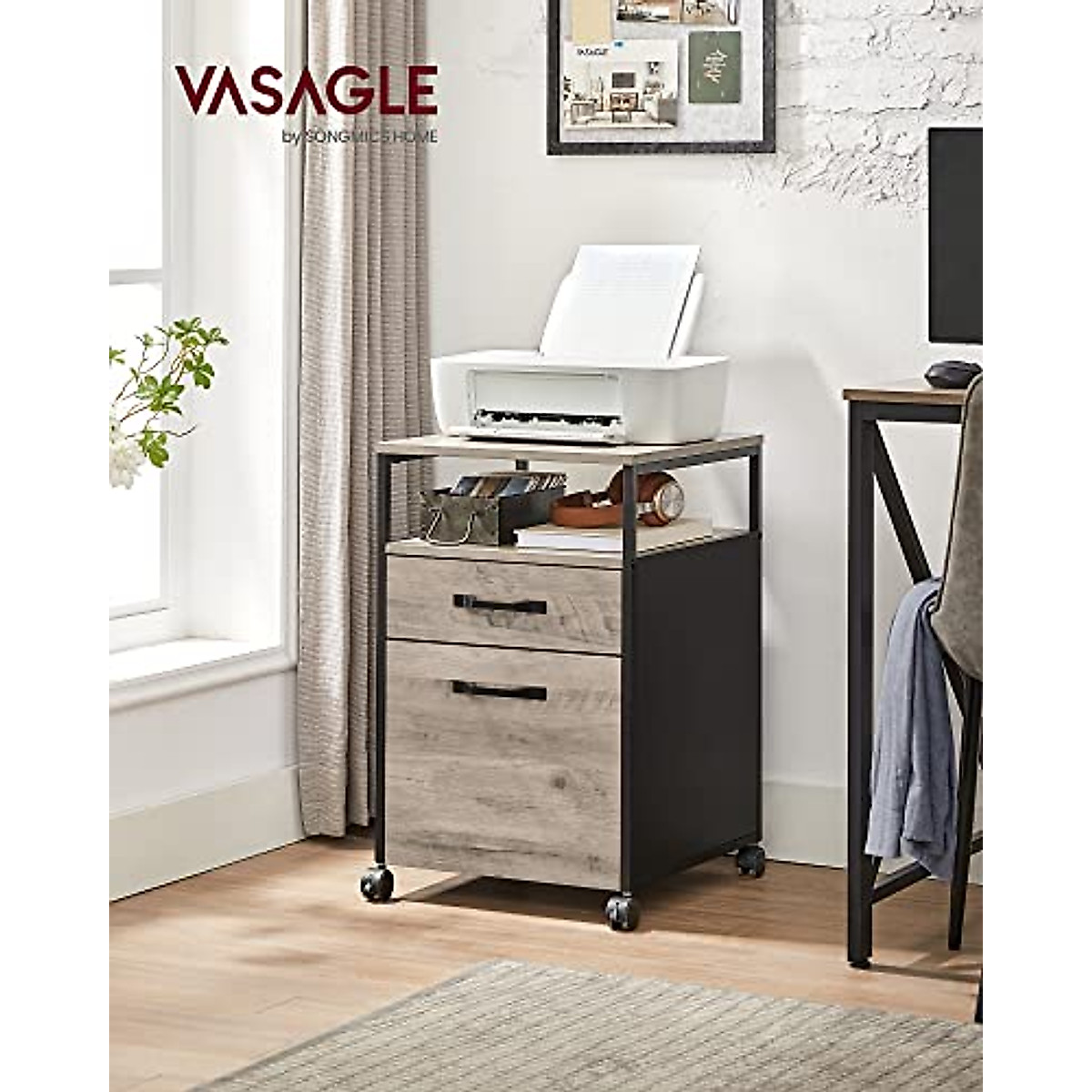 VASAGLE File Cabinet, Mobile Filing Cabinet with Wheels, 2 Drawers, Open Shelf, for A4, Letter Size, Hanging File Folders, Heather Greige and Ink Black UOFC071B02