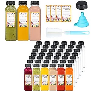 Dabacc Juice Bottles, 45Pcs 12oz Plastic Juice Bottles with Caps Airtight Reusable Clear Empty Water Containers Includes Label Funnel Brush for Juicing Drinking Beverage Smoothies Fridge（12oz）