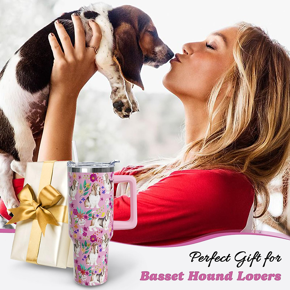 puhnhsv 40 oz Basset Hound Tumbler with Handle, Insulated Stainless Dog Tumbler Coffee Travel Mugs Cup Water Bottle Basset Hound Lovers Gifts for Women Girls
