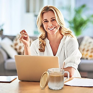 Mfacoy 2 PACK Glass Coffee Mugs with Handle & Spoon, 12 OZ Glass Coffee Cups with Bamboo Lid, Ribbed Glass Cups, Clear Tea Cup for Hot/Cold Beverages, Glassware Set for Americano, Latte, Cappuccino