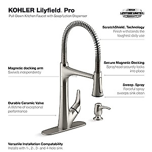 KOHLER R27459-SD-VS Lilyfield Commercial Style Pre-Rinse Single-Handle Semi-Professional Kitchen Sink Faucet, Vibrant Stainless