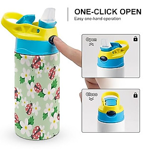 Kids Water Bottle with Straw Lid Small Flower with Ladybug Print 12 Oz/350 Ml Stainless Steel Reusable Thermos Bottles