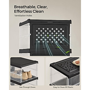 SONGMICS Foldable Shoe Boxes, Pack of 18 Stackable Shoe Storage Organizer, Set of 3 Integraed Shoe Cabinets, Portable, Fit up to US Size 13, 60s Assembly, Transparent and Ink Black ULSP207B01
