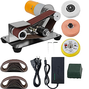 Mini Belt Sander, 15° Electric Knife Sharpener Bench Grinder Sanding Machine, 7 Adjustable Speed Electric Belt Grinder, Low Noise Cutter Sharpener Sander, Polishing Grinding Machine for Metal Jewelry