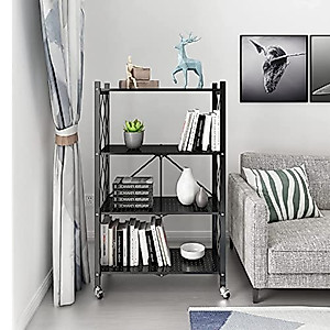 BENOSS Foldable Metal Storage Shelves with Wheels, Heavy-Duty Black Wire Rack Folding Storage Rack No Assembly, for Garage Kitchen Pantry Bedroom