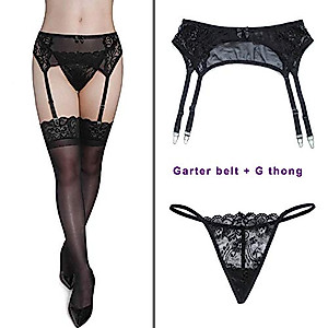 GARGALA Lace Garter Belt Set Sexy Black Sock Suspenders for Women Lingerie Plus Size for Stocking with G-String Thong (M)