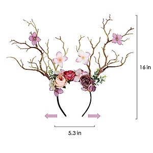 FRESHME Fairy Antlers Flower Crown - Handmade Elf Deer Reindeer Headbands Headpiece for Women Renaissance Cosplay Accessories