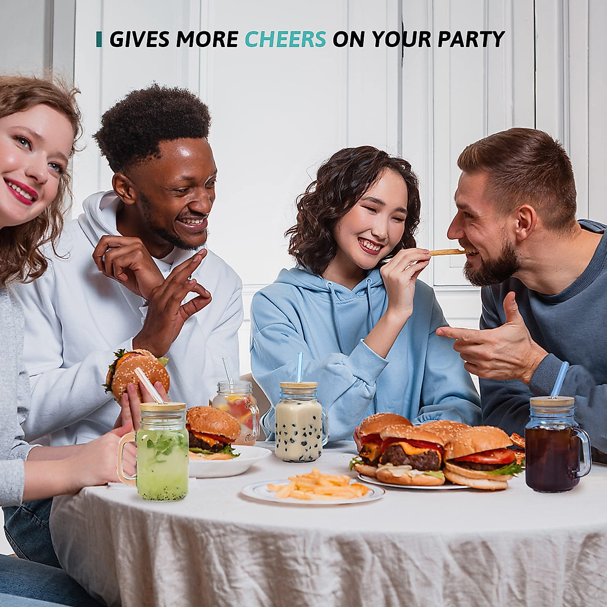 Mason Jars with Handle, Glass Mugs with Glass Straws and Bamboo Lids & Colorful Airtight Lids 4pcs Set - 16oz Old Fashioned Drinking Glass Cups, Reusable Travel Tumbler for Iced Coffee, Smoothie, Tea