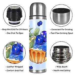 Stainless Steel Leather Vacuum Insulated Mug Blueberry Thermos Water Bottle for Hot and Cold Drinks Kids Adults 16 Oz