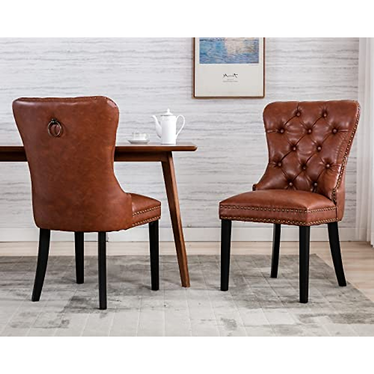 CIMOTA PU Leather Dining Chairs Set of 2, Upholstered Modern Tufted Dining Room Chairs Nailhead Trim Armless Side Chair with Solid Wood for Kitchen/Dining Room/Bedroom (Brown, Ring on The Back)