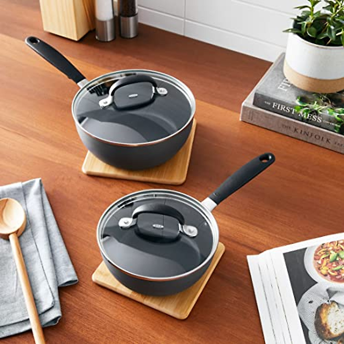 OXO Good Grips 1QT and 2QT Saucepan Pot Set with Lids, 3-Layered German Engineered Nonstick Coating, Stainless Steel Handles with Nonslip Silicone, Black