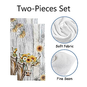 Vantaso Bath Hand Towels Set of 2 Cute Cow Sunflowers Vintage Soft and Absorbent Washcloths Kitchen Hand Towel for Bathroom Hotel Gym Spa