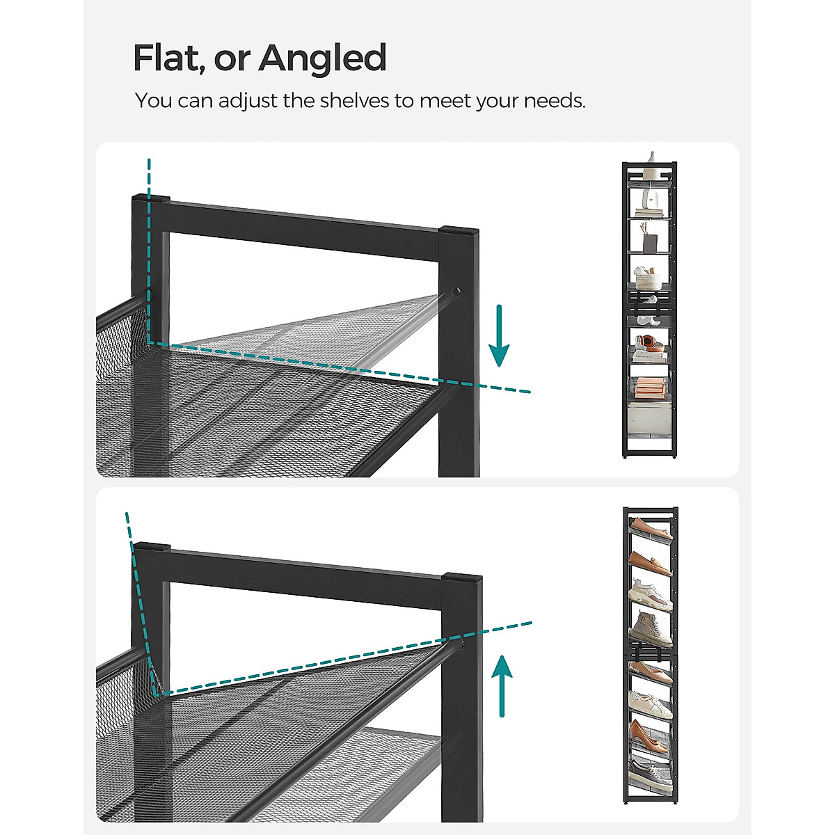 SONGMICS Shoe Rack, 8-Tier Shoe Organizer, Metal Shoe Storage for Garage, Entryway, Set of 2 4-Tier Stackable Shoe Shelf, with Adjustable Flat or Angled Shelves, Holds 32-40 Pairs, Black