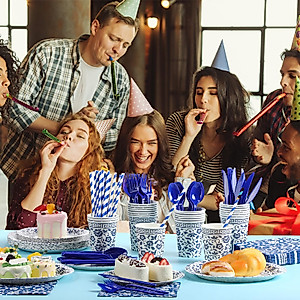 Hushee 225 Pcs Blue and White Flower Disposable Tableware Set for 25 Guests 9 Inch 7 Inch Elegant Floral Paper Plates Cups Straws Napkins Knives Forks Spoons for Bridal Shower Wedding Birthday Party