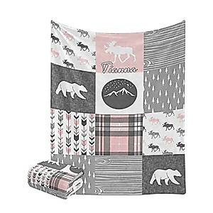Personalized Patchwork Woodland Bear Reindeer Blanket with Name Text Custom Super Soft Fleece Throw Blankets for Couch Sofa Bed 50 X 60 inches