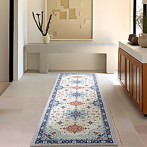 Phantoscope Hallway Runner Rug 2'x6'-Long Rug Runner Boho Retro-Patterned Washable Non-Slip Carpet for Kitchen Entryway Laundry Bedroom,Ultra-Thin Vintage Distressed Accent Rug,Blue/Orange/Cream