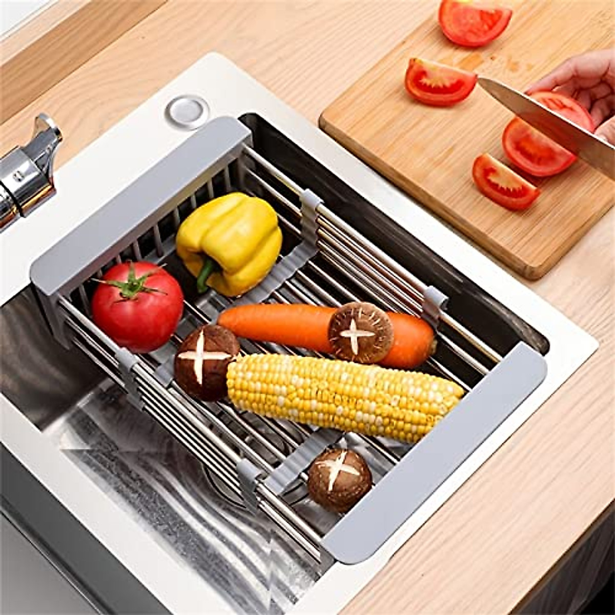 Stainless Steel Telescopic Drain Basket, Adjustable Dish Drying Rack Sink Strainer Drain Kitchen Basket for Dish Vegetable Fruit(8.66x11.41x3.14in)