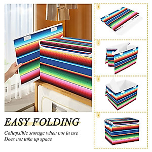 Moudou Mexican Serape Blanket Stripes Storage Basket with Lid, Large Collapsible Cube Storage Bin for Closet, Office, Nursery, Home Decor, 16.5 x 12.6 x 11.8 Inch