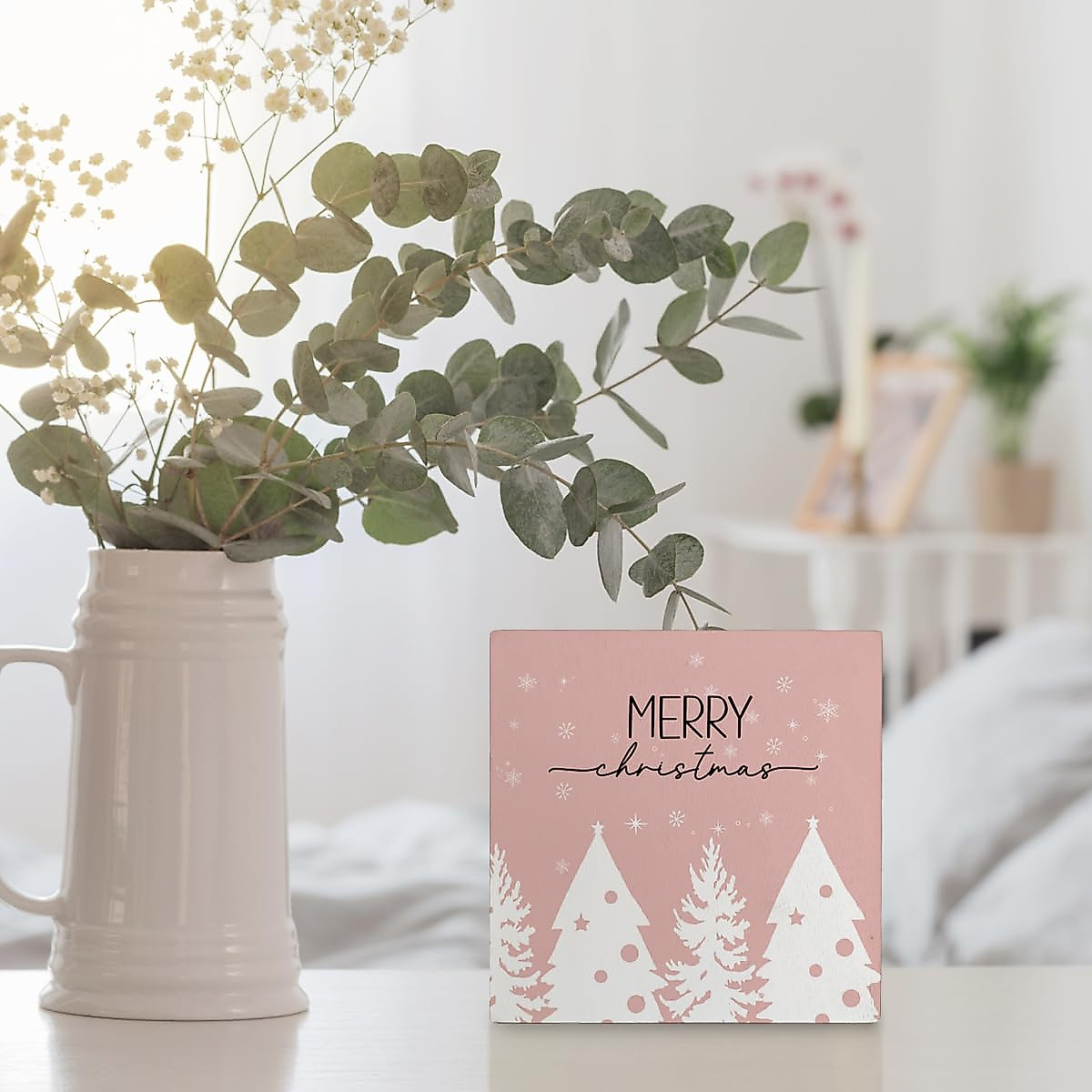 kunlisa Pink Christmas Wooden Box Signs,Pink Christmas Sign,Pink Christmas Decorations,Christmas Tree Sign,Merry Christmas Sign,Christmas Signs for Home Decor 5x5 Inch