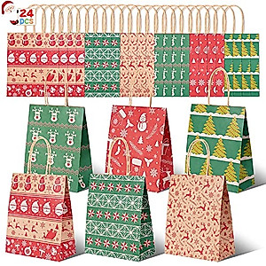 NEWBEA 24Pcs Christmas Gift Bags with Handle Holiday Gift Bags 9x7.2x3.5 inch Xmas Kraft Gift Bags 6 Patterns Design for Christmas Holiday Party
