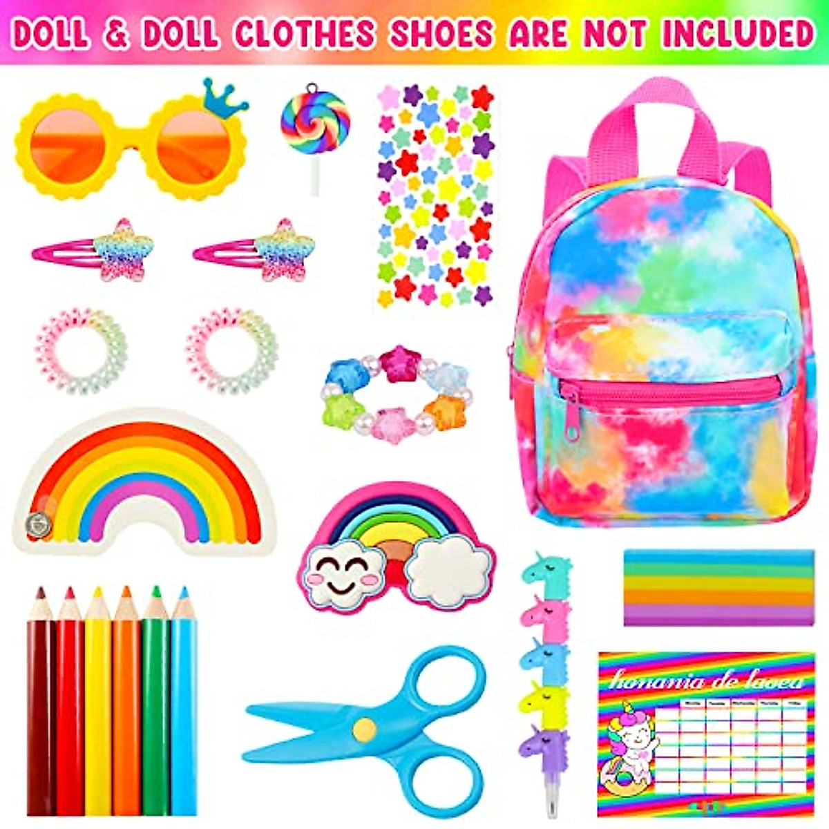 18 Inch Girl Doll Clothes and Accessories School Supplies Playset with Doll School Bags, Sunglasses, Bracelet, Scissors, Eraser, Pencils, Pencil Sharpener, Notebooks, Phone, Hair Clip